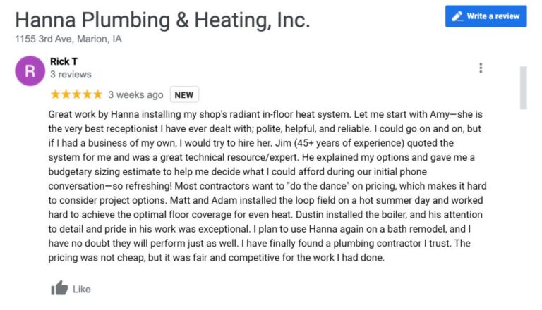 Our Customer Experience: "knowledgeable, transparent, responsive" | Hanna Heating and Plumbing